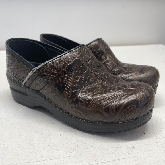 Dansko | Shoes | Dansko Womens 556 36 Brown Floral Embossed Tooled Slip ...